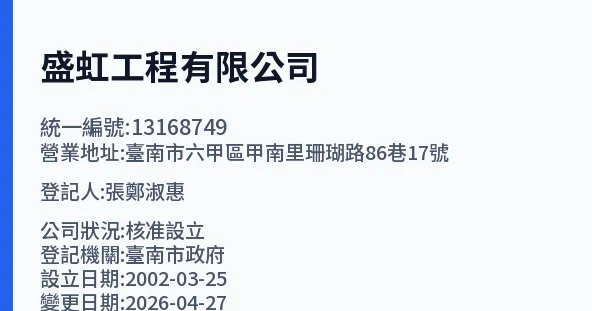 盛虹工程有限公司的照片-統編 13168749(臺南市) 公司登記資料與營業項目詳細圖表