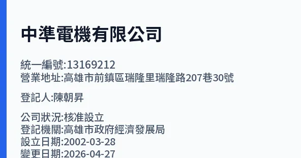 中準電機有限公司的照片-統編 13169212(高雄市) 公司登記資料與營業項目詳細圖表