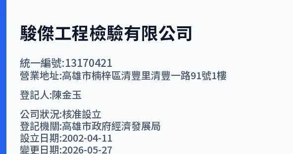 駿傑工程檢驗有限公司的照片-統編 13170421(高雄市) 公司登記資料與營業項目詳細圖表