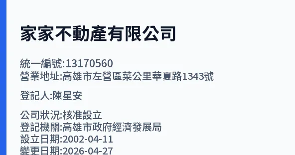 家家不動產有限公司的照片-統編 13170560(高雄市) 公司登記資料與營業項目詳細圖表