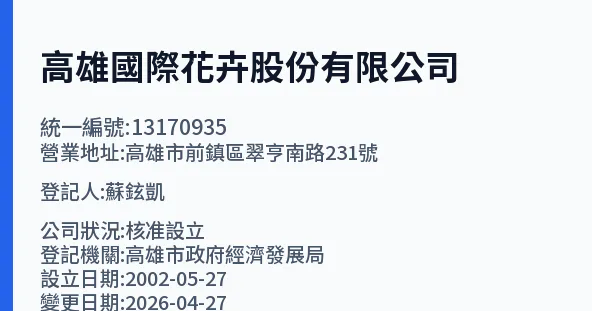 高雄國際花卉股份有限公司的照片-統編 13170935(高雄市) 公司登記資料與營業項目詳細圖表