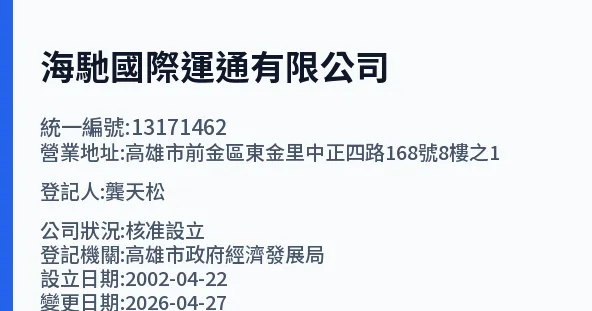 海馳國際運通有限公司的照片-統編 13171462(高雄市) 公司登記資料與營業項目詳細圖表