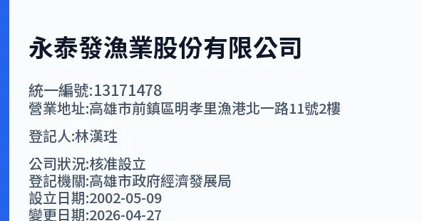 永泰發漁業股份有限公司的照片-統編 13171478(高雄市) 公司登記資料與營業項目詳細圖表