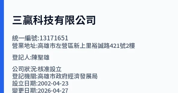 三贏科技有限公司的照片-統編 13171651(高雄市) 公司登記資料與營業項目詳細圖表