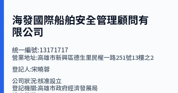 海發國際船舶安全管理顧問有限公司的照片-統編 13171717(高雄市) 公司登記資料與營業項目詳細圖表