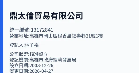 鼎太倫貿易有限公司的照片-統編 13172841(高雄市) 公司登記資料與營業項目詳細圖表