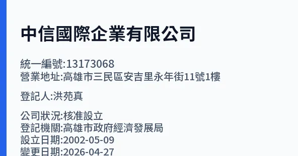 中信國際企業有限公司的照片-統編 13173068(高雄市) 公司登記資料與營業項目詳細圖表