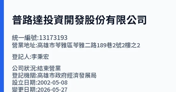 普路達投資開發股份有限公司的照片-統編 13173193(高雄市) 公司登記資料與營業項目詳細圖表