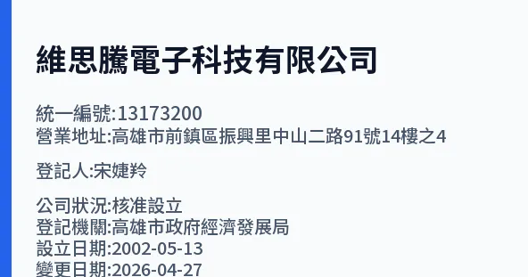 維思騰電子科技有限公司的照片-統編 13173200(高雄市) 公司登記資料與營業項目詳細圖表