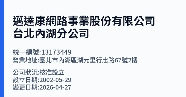 邁達康網路事業股份有限公司台北內湖分公司的照片-統編 13173449(臺北市) 公司登記資料與營業項目詳細圖表