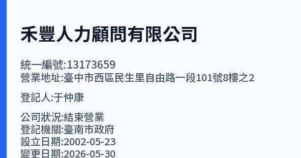 禾豐人力顧問有限公司的照片-統編 13173659(臺中市) 公司登記資料與營業項目詳細圖表