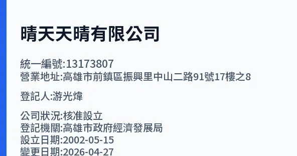 晴天天晴有限公司的照片-統編 13173807(高雄市) 公司登記資料與營業項目詳細圖表