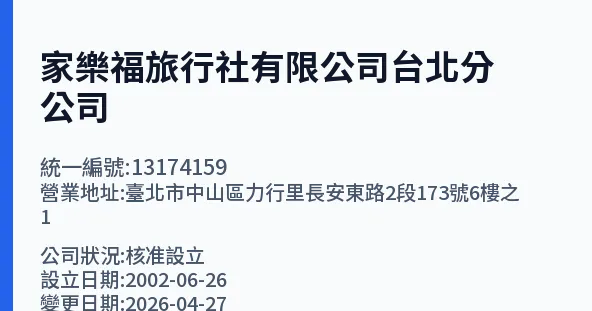 家樂福旅行社有限公司台北分公司的照片-統編 13174159(臺北市) 公司登記資料與營業項目詳細圖表