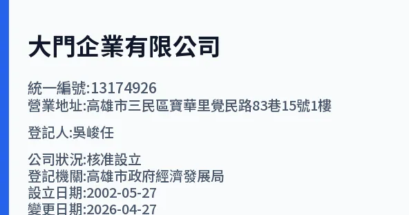 大門企業有限公司的照片-統編 13174926(高雄市) 公司登記資料與營業項目詳細圖表