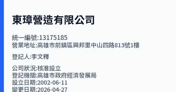 東璋營造有限公司的照片-統編 13175185(高雄市) 公司登記資料與營業項目詳細圖表
