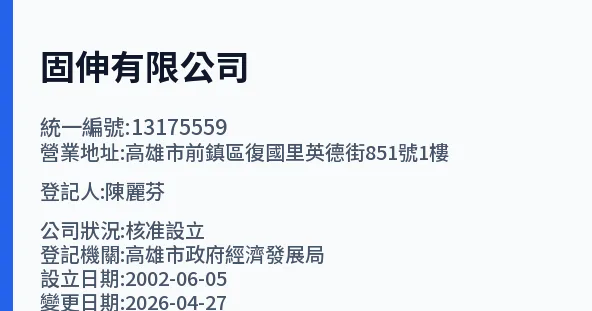固伸有限公司的照片-統編 13175559(高雄市) 公司登記資料與營業項目詳細圖表