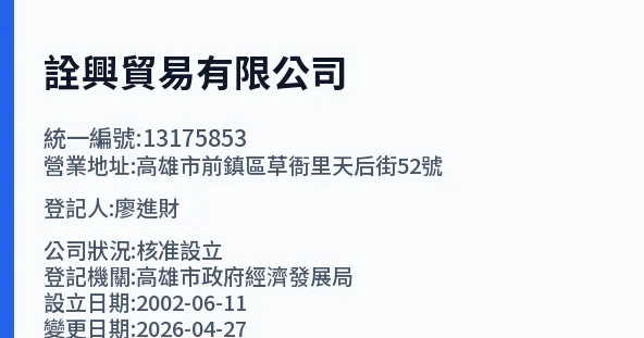 詮興貿易有限公司的照片-統編 13175853(高雄市) 公司登記資料與營業項目詳細圖表