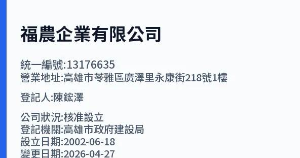 福農企業有限公司的照片-統編 13176635(高雄市) 公司登記資料與營業項目詳細圖表