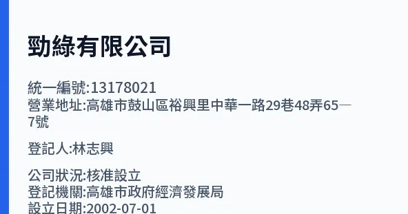 勁綠有限公司的照片-統編 13178021(高雄市) 公司登記資料與營業項目詳細圖表