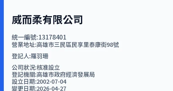 威而柔有限公司的照片-統編 13178401(高雄市) 公司登記資料與營業項目詳細圖表