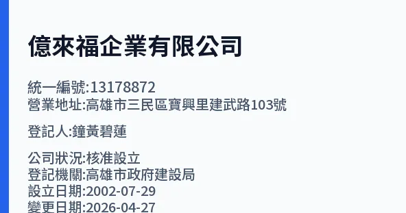 億來福企業有限公司的照片-統編 13178872(高雄市) 公司登記資料與營業項目詳細圖表