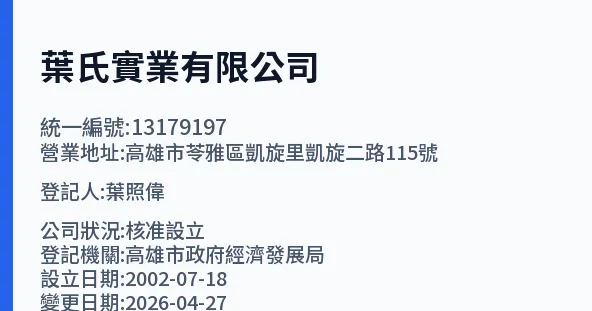 葉氏實業有限公司的照片-統編 13179197(高雄市) 公司登記資料與營業項目詳細圖表