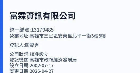 富霖資訊有限公司的照片-統編 13179485(高雄市) 公司登記資料與營業項目詳細圖表