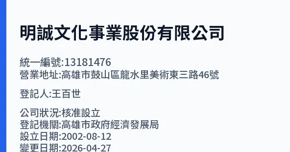 明誠文化事業股份有限公司的照片-統編 13181476(高雄市) 公司登記資料與營業項目詳細圖表