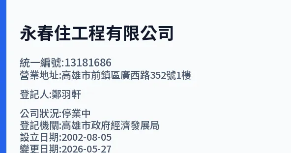 永春住工程有限公司的照片-統編 13181686(高雄市) 公司登記資料與營業項目詳細圖表