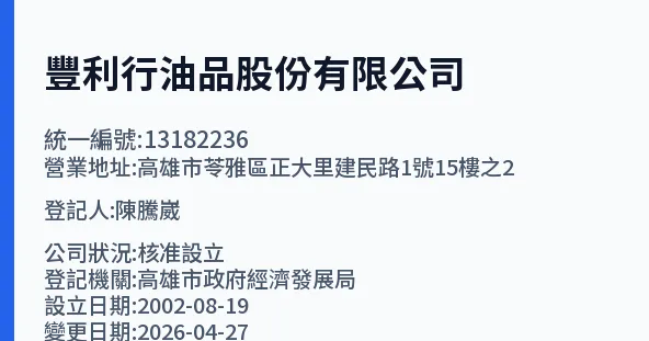 豐利行油品股份有限公司的照片-統編 13182236(高雄市) 公司登記資料與營業項目詳細圖表