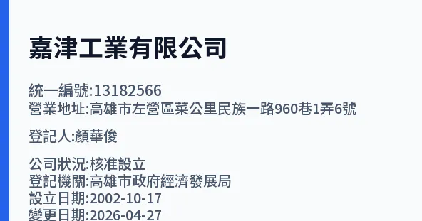 嘉津工業有限公司的照片-統編 13182566(高雄市) 公司登記資料與營業項目詳細圖表