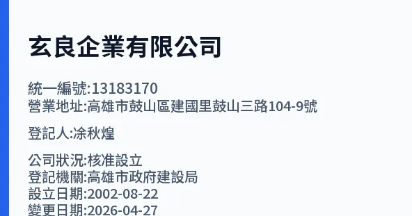 玄良企業有限公司的照片-統編 13183170(高雄市) 公司登記資料與營業項目詳細圖表