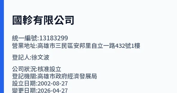 國軫有限公司的照片-統編 13183299(高雄市) 公司登記資料與營業項目詳細圖表