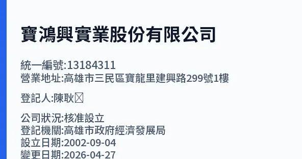 寶鴻興實業股份有限公司的照片-統編 13184311(高雄市) 公司登記資料與營業項目詳細圖表