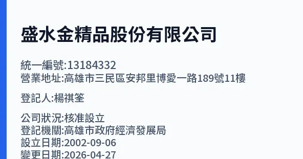 盛水金精品股份有限公司的照片-統編 13184332(高雄市) 公司登記資料與營業項目詳細圖表