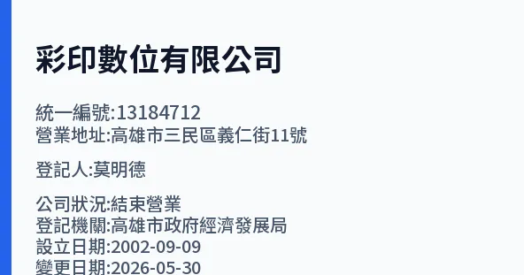 彩印數位有限公司的照片-統編 13184712(高雄市) 公司登記資料與營業項目詳細圖表