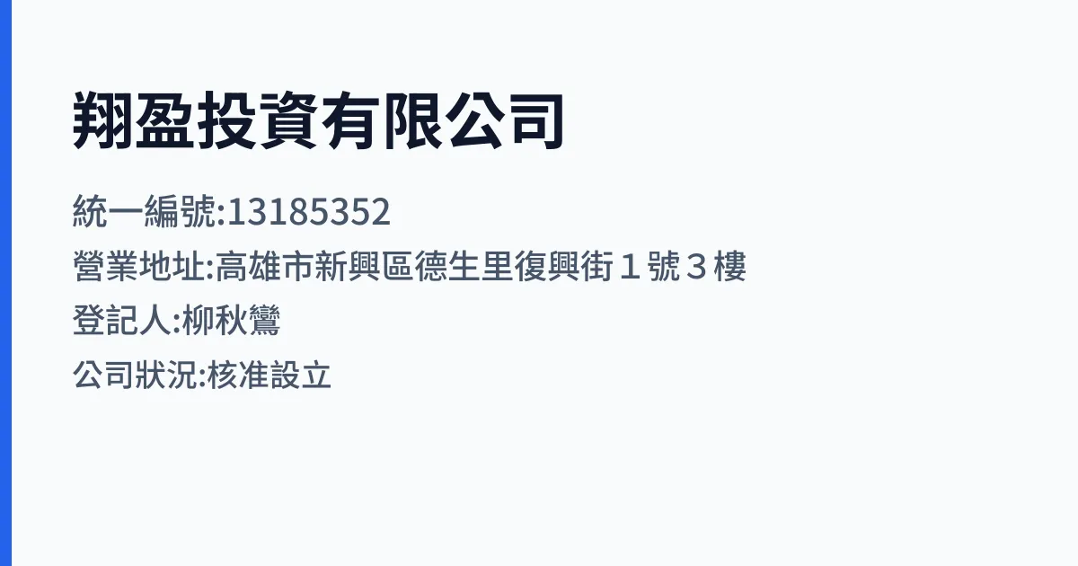 翔盈投資有限公司 - 統編 13185352(高雄市) 公司登記資料與營業項目詳細圖表