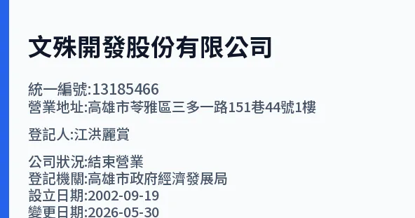 文殊開發股份有限公司的照片-統編 13185466(高雄市) 公司登記資料與營業項目詳細圖表