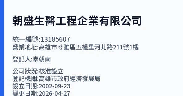 朝盛生醫工程企業有限公司的照片-統編 13185607(高雄市) 公司登記資料與營業項目詳細圖表