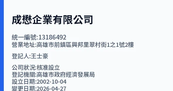 成懋企業有限公司的照片-統編 13186492(高雄市) 公司登記資料與營業項目詳細圖表