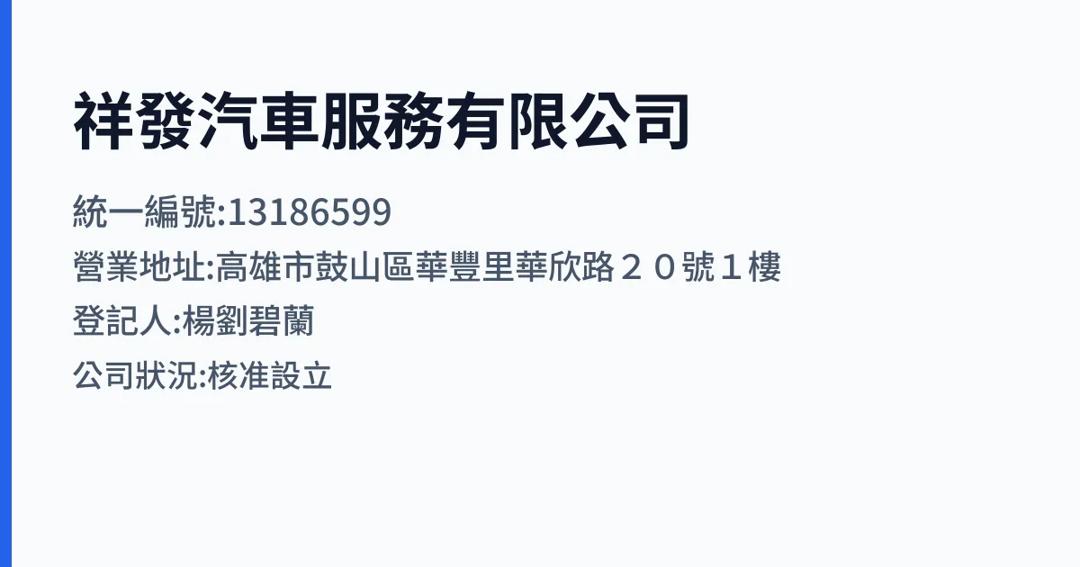 祥發汽車服務有限公司 - 統編 13186599(高雄市) 公司登記資料與營業項目詳細圖表