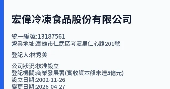 宏偉冷凍食品股份有限公司的照片-統編 13187561(高雄市) 公司登記資料與營業項目詳細圖表