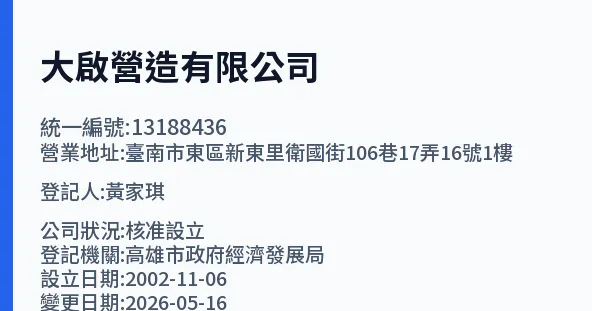 大啟營造有限公司的照片-統編 13188436(臺南市) 公司登記資料與營業項目詳細圖表