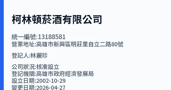 柯林頓菸酒有限公司的照片-統編 13188581(高雄市) 公司登記資料與營業項目詳細圖表