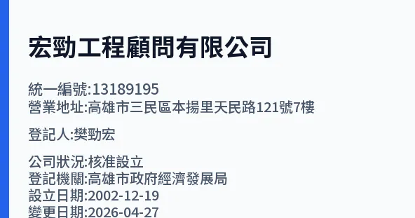 宏勁工程顧問有限公司的照片-統編 13189195(高雄市) 公司登記資料與營業項目詳細圖表