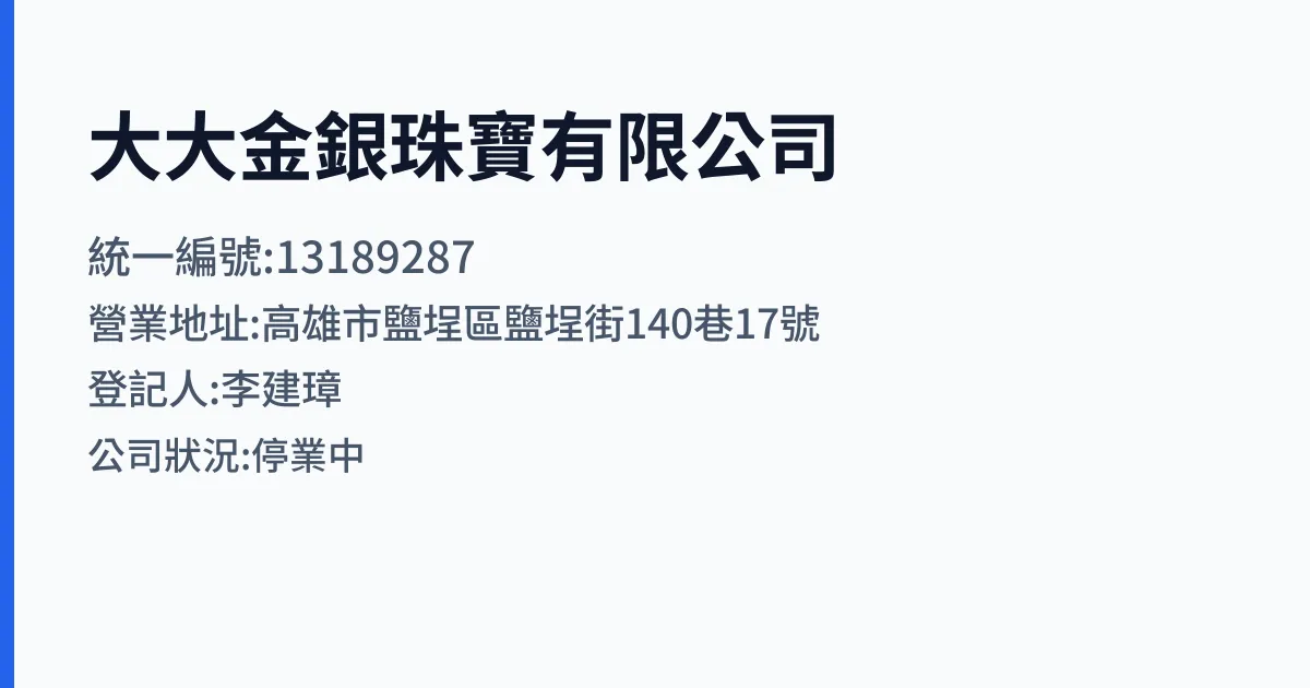 大大金銀珠寶有限公司 - 統編 13189287(高雄市) 公司登記資料與營業項目詳細圖表