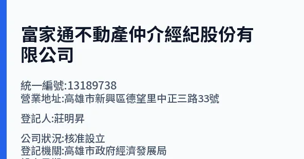 富家通不動產仲介經紀股份有限公司的照片-統編 13189738(高雄市) 公司登記資料與營業項目詳細圖表