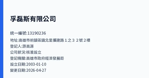 孚磊斯有限公司的照片-統編 13190236(高雄市) 公司登記資料與營業項目詳細圖表