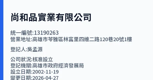 尚和品實業有限公司的照片-統編 13190263(高雄市) 公司登記資料與營業項目詳細圖表