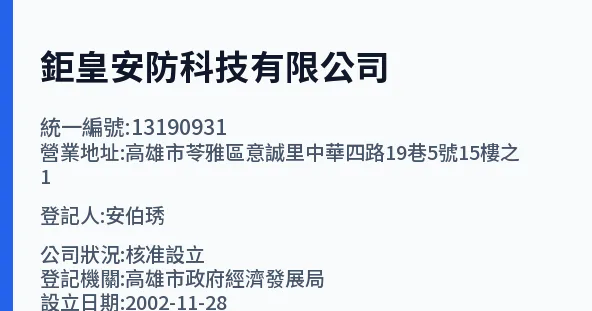 鉅皇安防科技有限公司的照片-統編 13190931(高雄市) 公司登記資料與營業項目詳細圖表